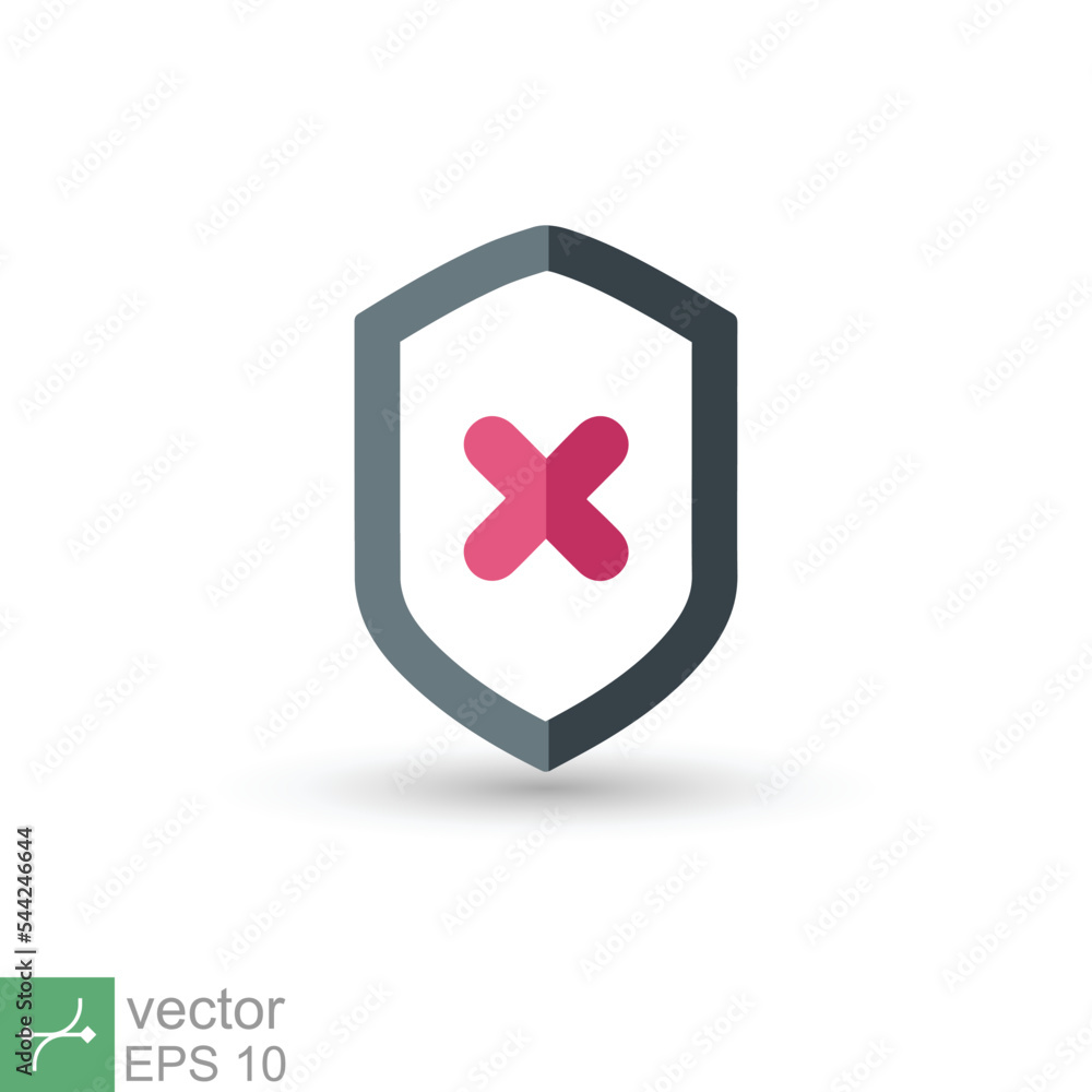 Shield with cross mark icon. Simple flat style. Decline, check mark ...
