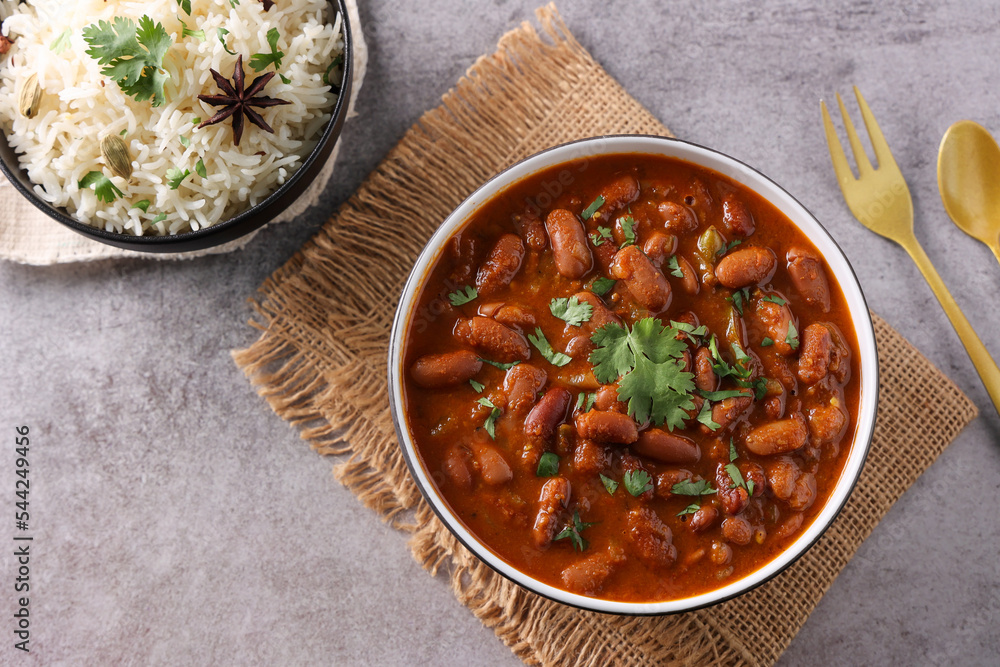 Kidney bean curry or rajma or rajmah chawal and rice roti, typical ...
