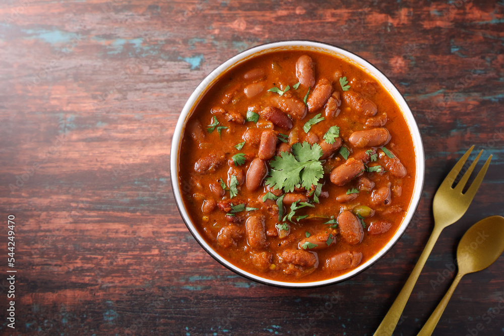 Kidney bean curry or rajma or rajmah chawal and rice roti, typical ...