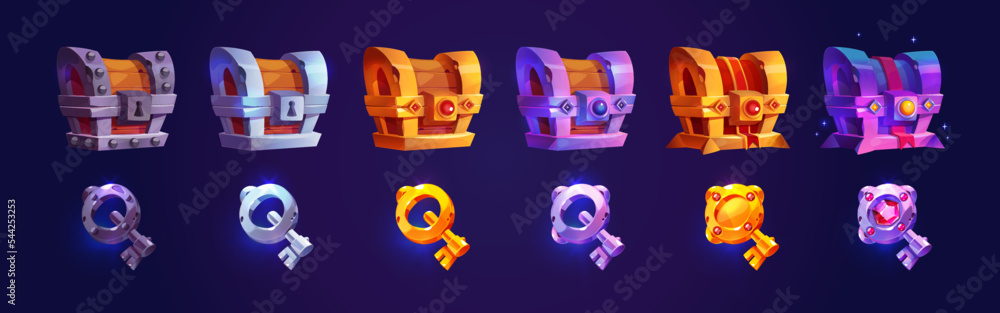 Game reward rare treasure chests and keys evolution, wooden, iron ...