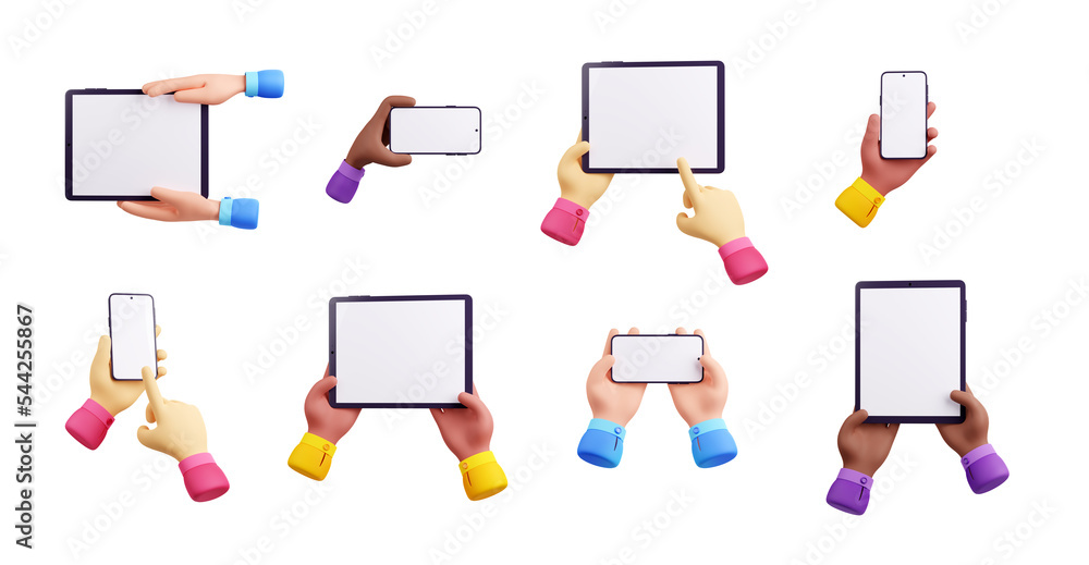 3D render set of hands with gadget mockups isolated on white background ...