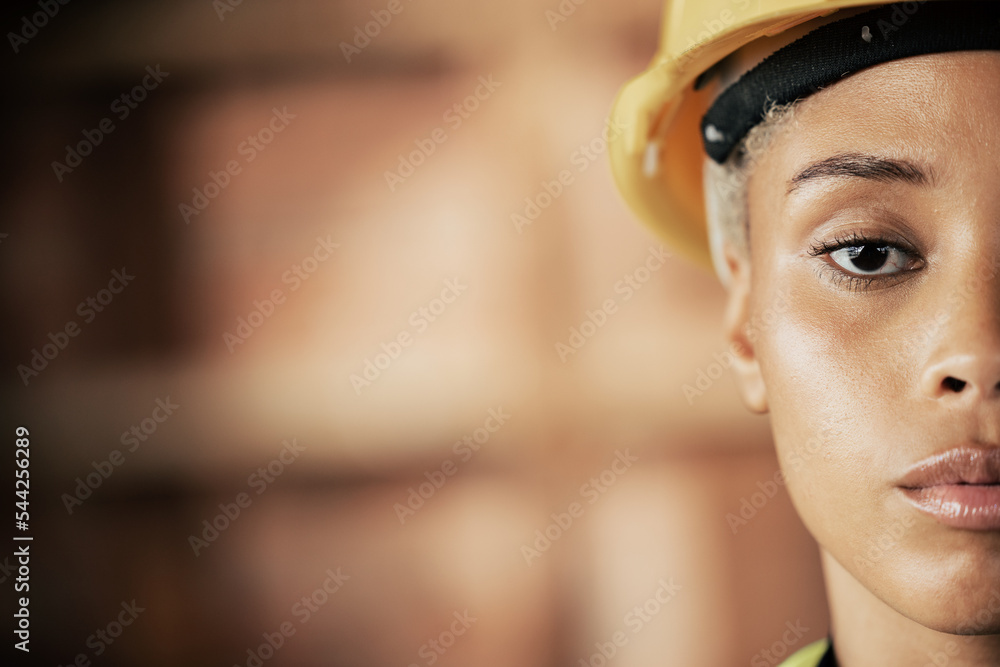 Portrait, face and construction worker with vision, goal and target for ...