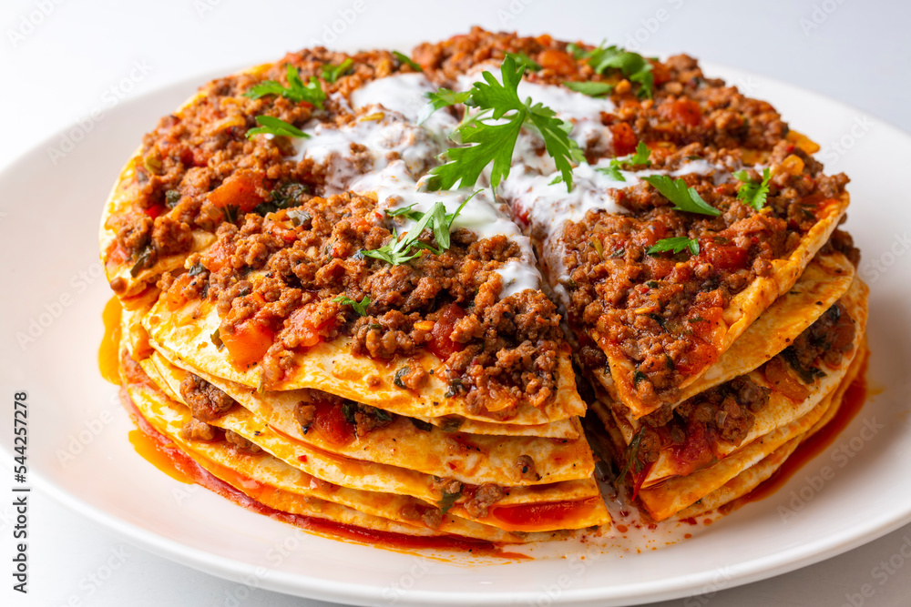 Turkish Food Kayseri Yaglama with Minced Meat, Yogurt and Tomato Paste ...