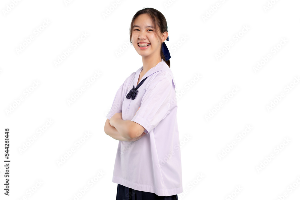 Happy braces Asian student girl in school uniform arm crossed. PNG file ...