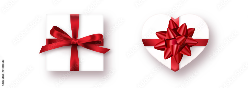 Vector illustration background with red realistic ribbon and gift box ...