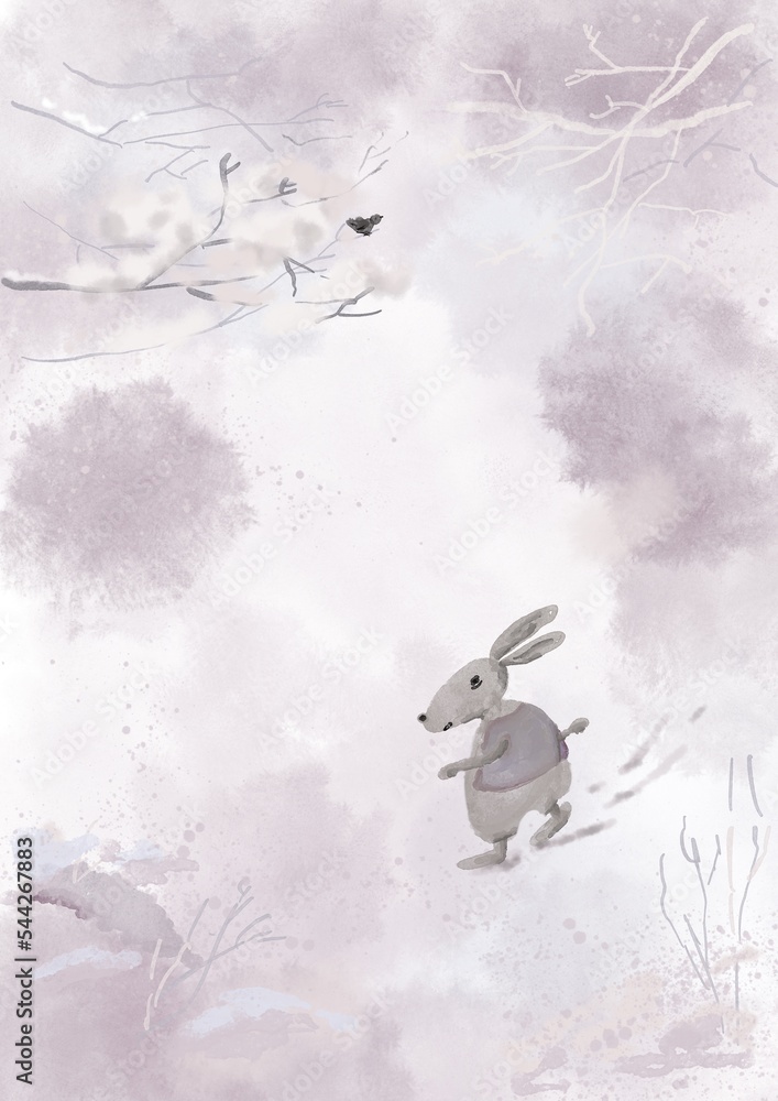 Winter rabbit Christmas story snow forest bird cartoon new year ...