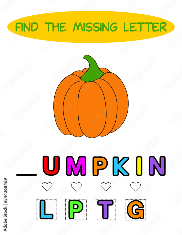 Find missing letter.Orange pumpkin. Educational spelling game for kids ...