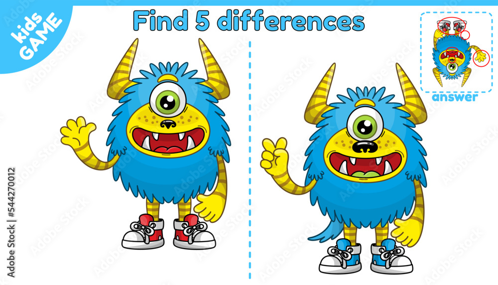 Game for kids. Spot 5 differences. Funny smiling monster. Vector ...