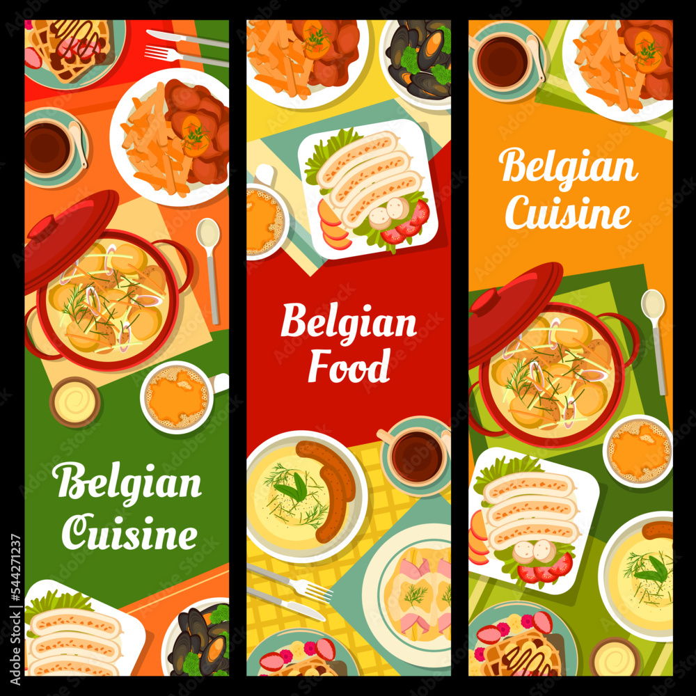 Belgian cuisine banners, food dishes and lunch meals of Belgium, vector ...