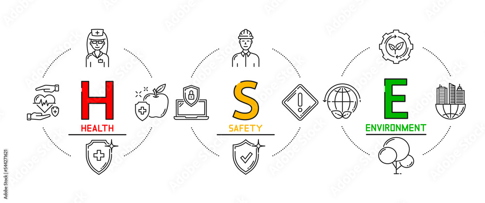 HSE icons, health, safety and environment infographics, work security ...