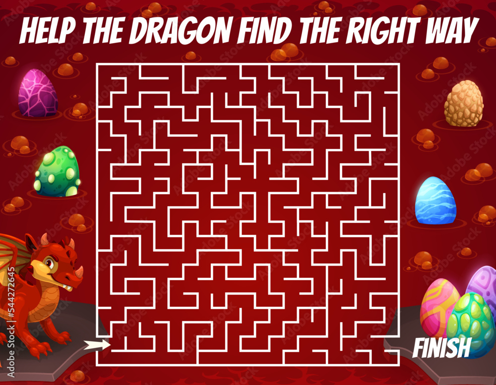 Labyrinth maze game of help the dragon to find the eggs. Cartoon red ...
