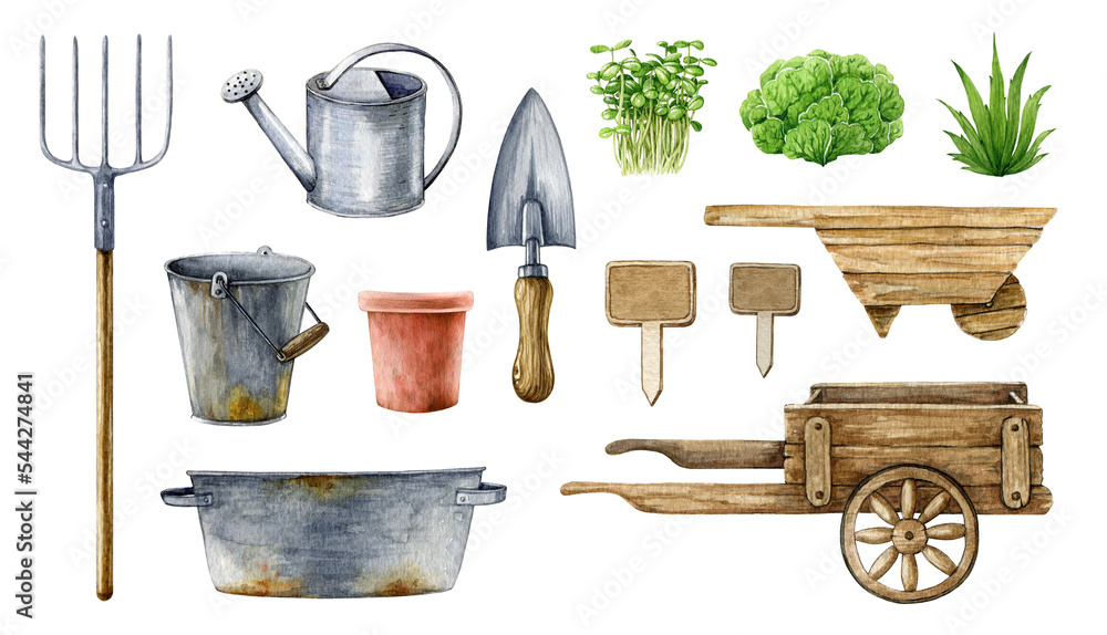 Garden tools and farm equipment watercolor illustration set. Hand drawn ...