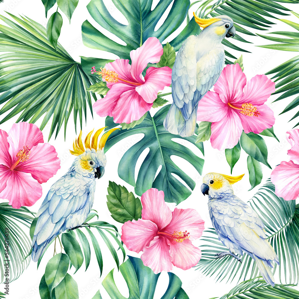 White cockatoo parrots, pink hibiscus flowers, palm leaf. Floral ...
