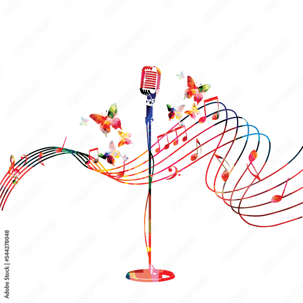 Musical poster with microphone and musical notes staff on white ...