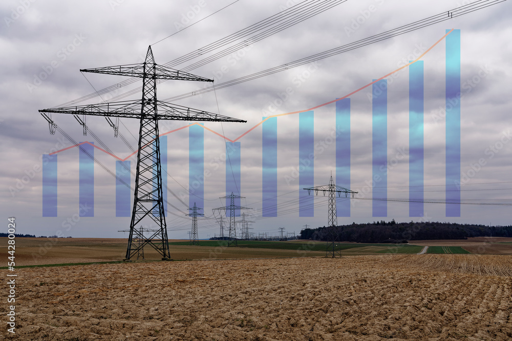 Rising energy prices, power pylons in a field at the edge of the forest ...