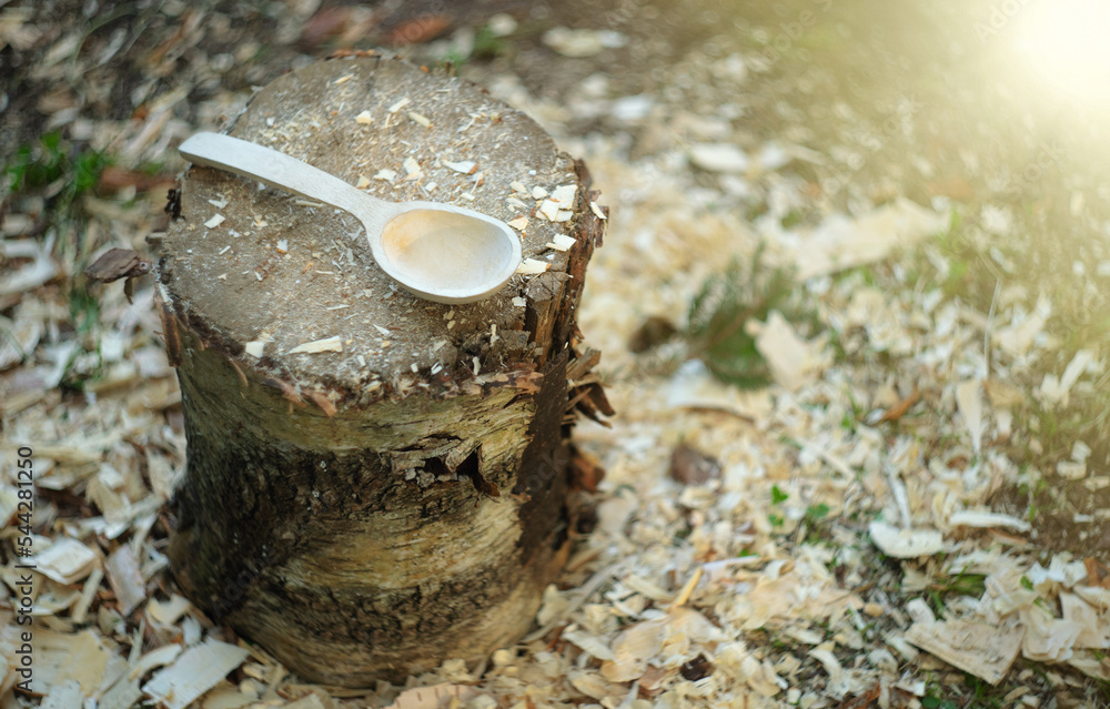 Wooden spoon on a stump in the forest.Making a spoon from birch with ...