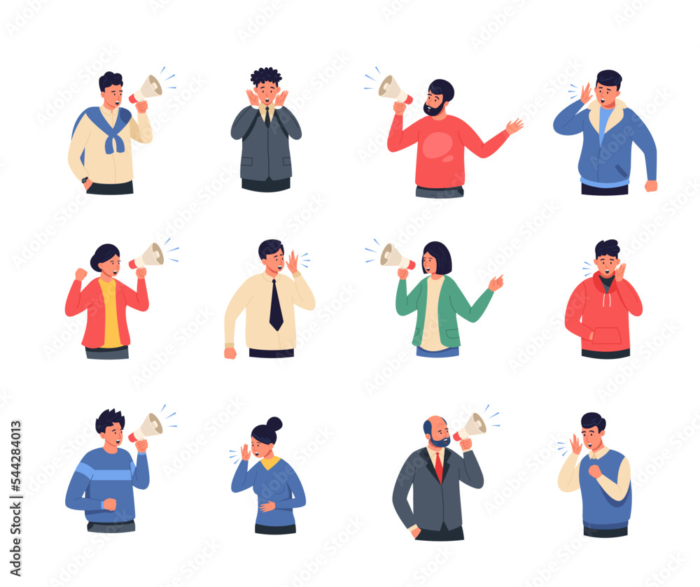 People screaming. Cartoon characters shouting holding loudspeaker ...