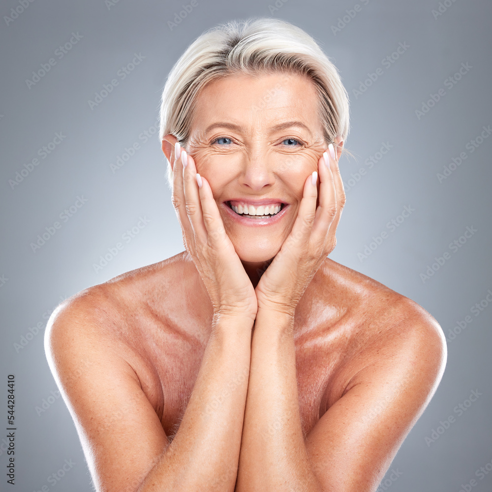 Skincare, smile and senior woman with a glow from dermatology against a ...