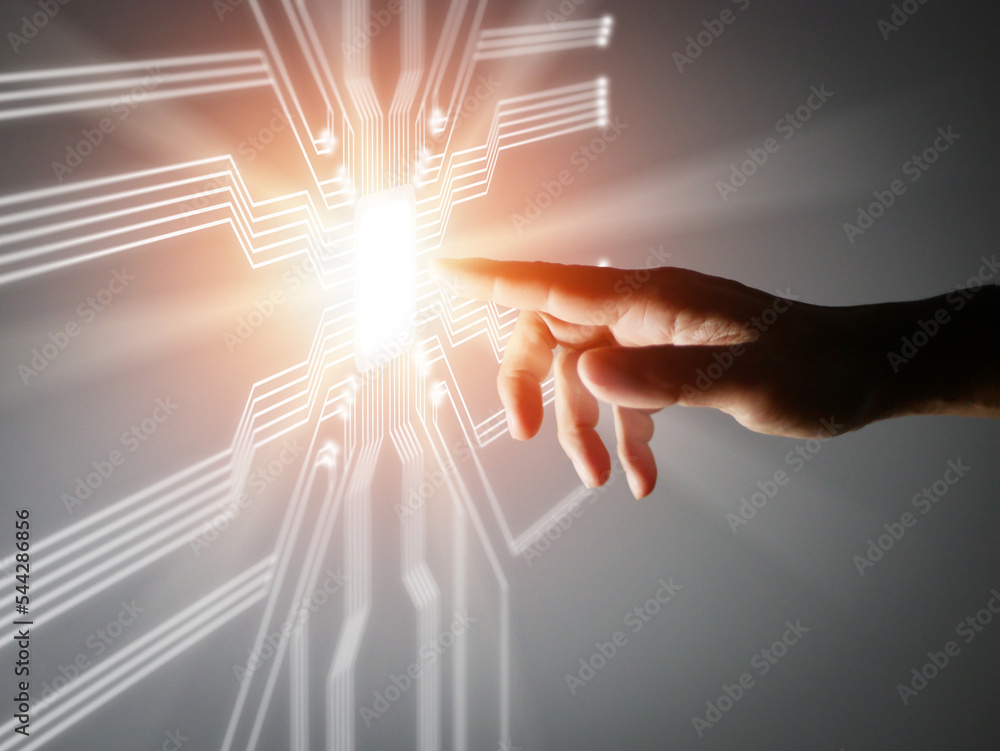 Poster Finger Pushing Virtual Screen Button to Activate Artificial Intelligence, AI – Muurposter ...