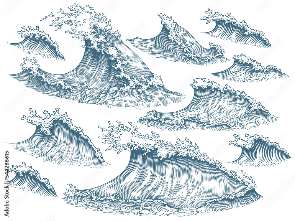 Sea waves. Design set. Editable hand drawn illustration. Vector vintage ...