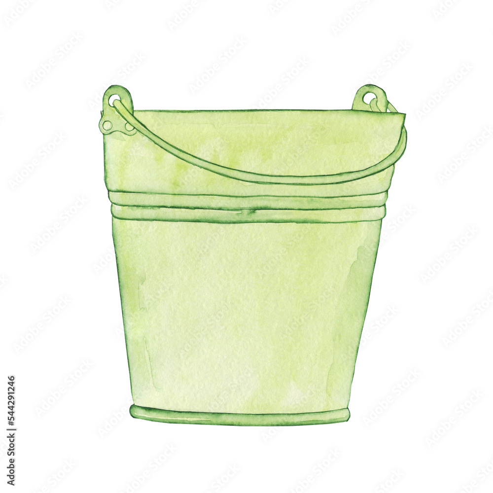 Watercolor metal garden bucket. Green bucket isolated on white ...