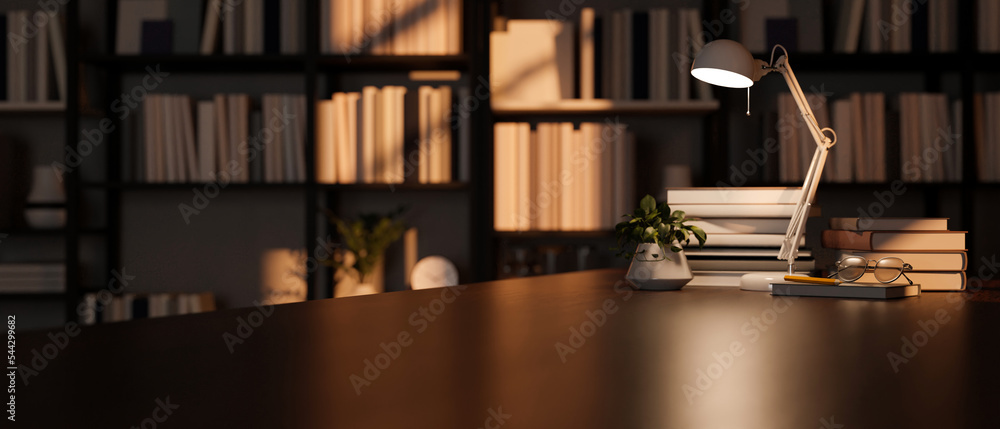 Modern dark wood tabletop with decor and copy space over blurred ...