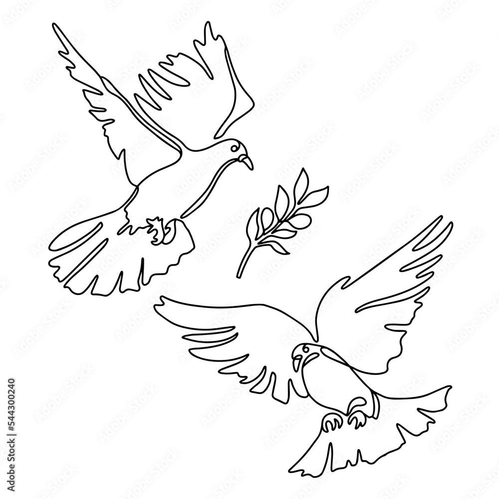 Vector hand drawing. Dove symbol of peace, freedom, love. Couple of pigeons flying with olive ...
