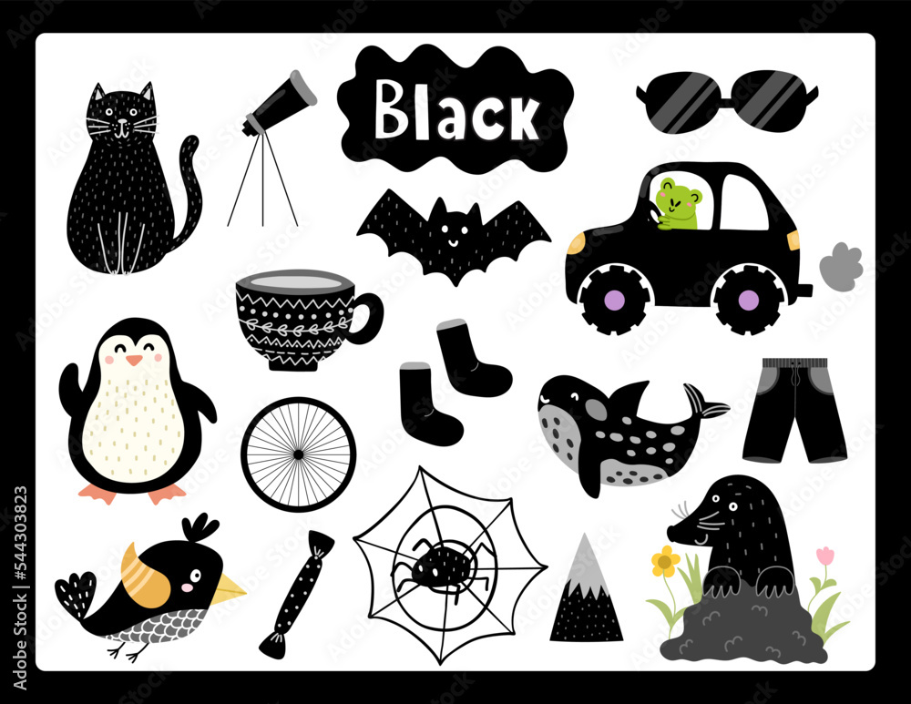 Vektorová grafika „Set of black color objects. Primary colors flashcard ...