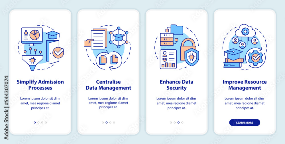 Industry specific ERP benefits onboarding mobile app screen. Education ...