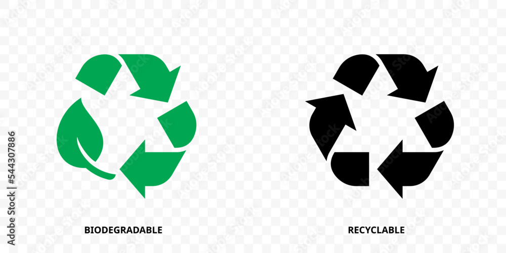 Biodegradable recyclable icons, leaf and arrow vector eco and bio label ...