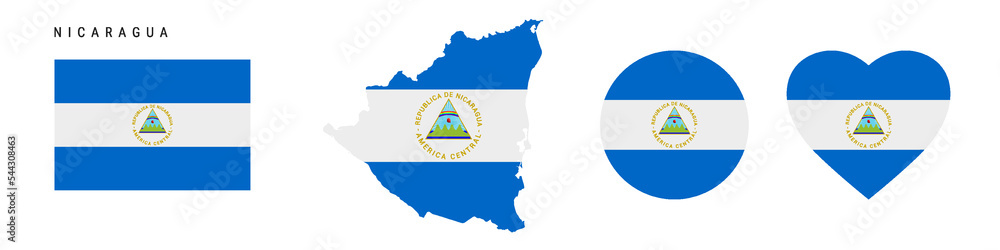 Nicaragua flag icon set. Nicaraguan pennant in official colors and proportions. Rectangular, map ...