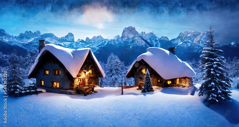 Snow-covered landscape with chalet houses, in the foothills of the Alps ...