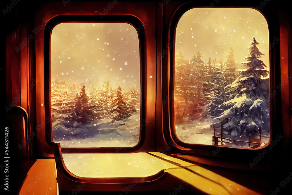 Interior of a train on a journey in winter with a window view to the ...