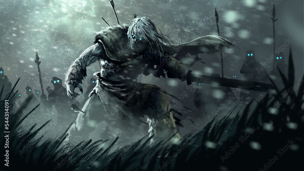 An undead warrior with a sword leads an army of the dead in the midst ...