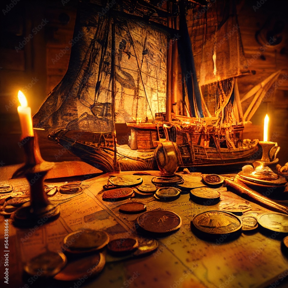 An ancient pirate doubloons on the pirate map in the cabin of a pirate ...
