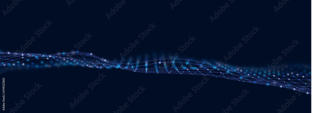 Wave of blue particles. Abstract technology flow background. Sound mesh ...