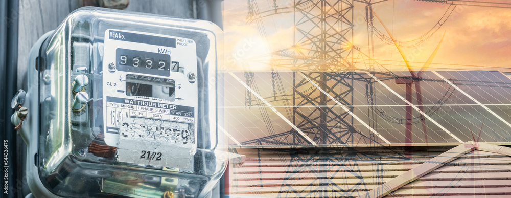 Watt hour meter on rooftop solar, wind turbine, and electric pylon ...