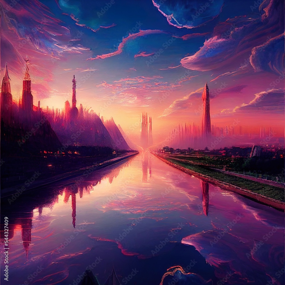 Vast Glass City Landscape The Canal Ancient Epic Pyramids Cyberpunk ...