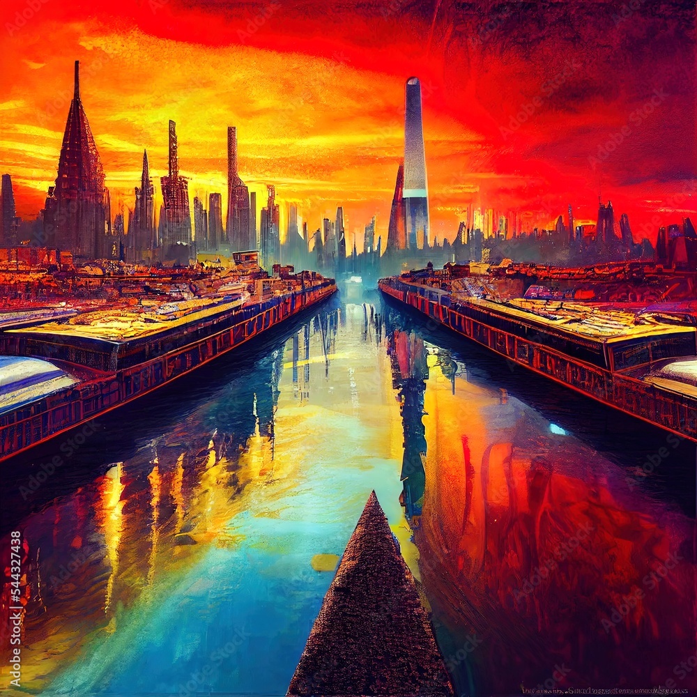 Vast Glass City Landscape The Canal Ancient Epic Pyramids Cyberpunk ...