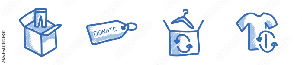Reusable clothes doodle icon set, handdrawn secondhand wardrobe concept ...