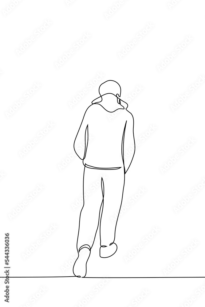 outgoing man in hoodie walking with hands in pockets back view - one ...