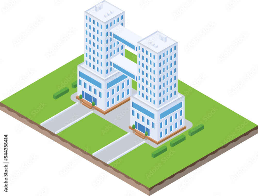 isometric scene of two twin tower building with road and garden Stock ...