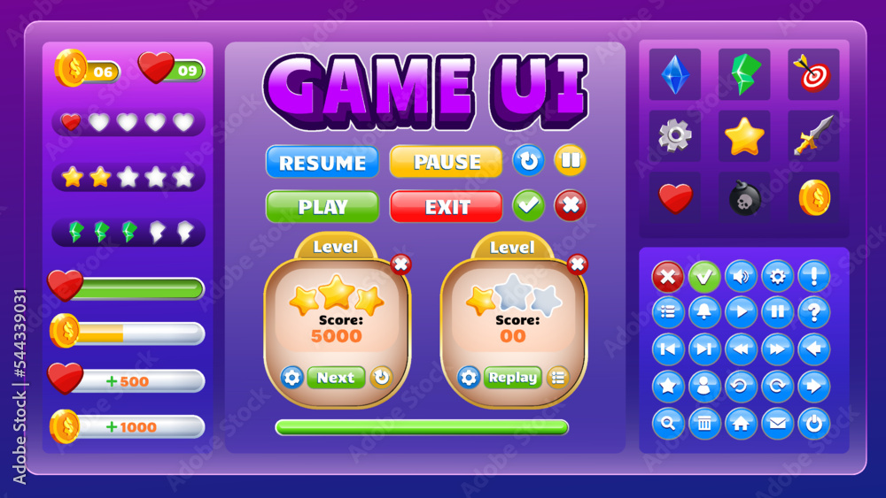 The Game UI interface kit for Mobile and Web fantasy theme games with Buttons, icons, win and ...