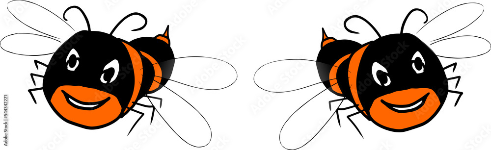Cute friendly Black Orange bee. Cartoon happy flying bee with big kind ...