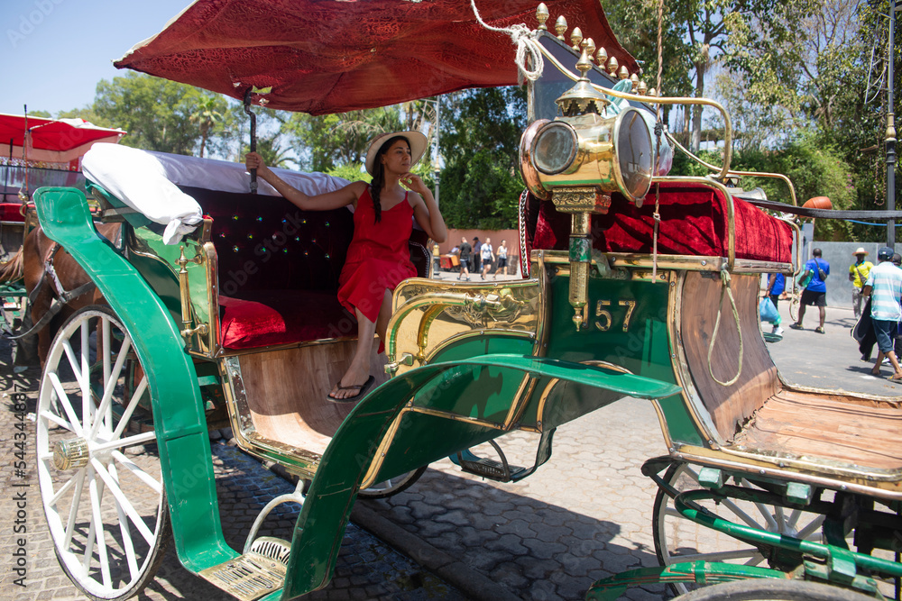 Tourist climbed in the carriage of a horse-drawn carriage in the Arab ...
