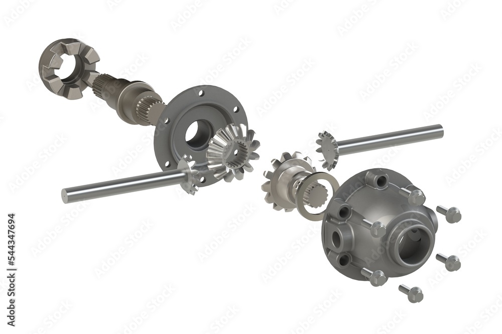 Automotive differential gear box exploded view 3D rendering isolated on ...