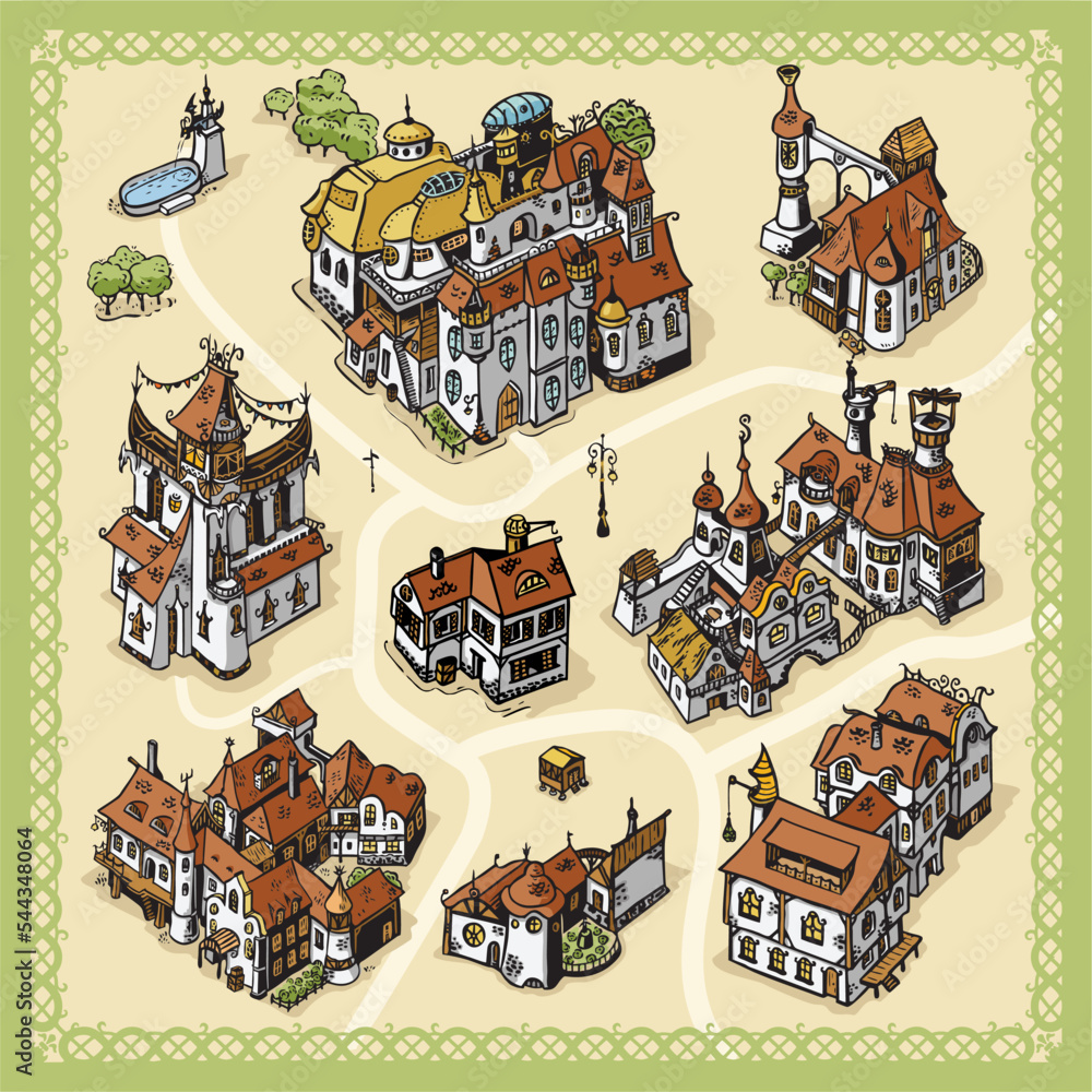 Poster Hand drawn buildings and landmarks for fantasy city map – Wall ...
