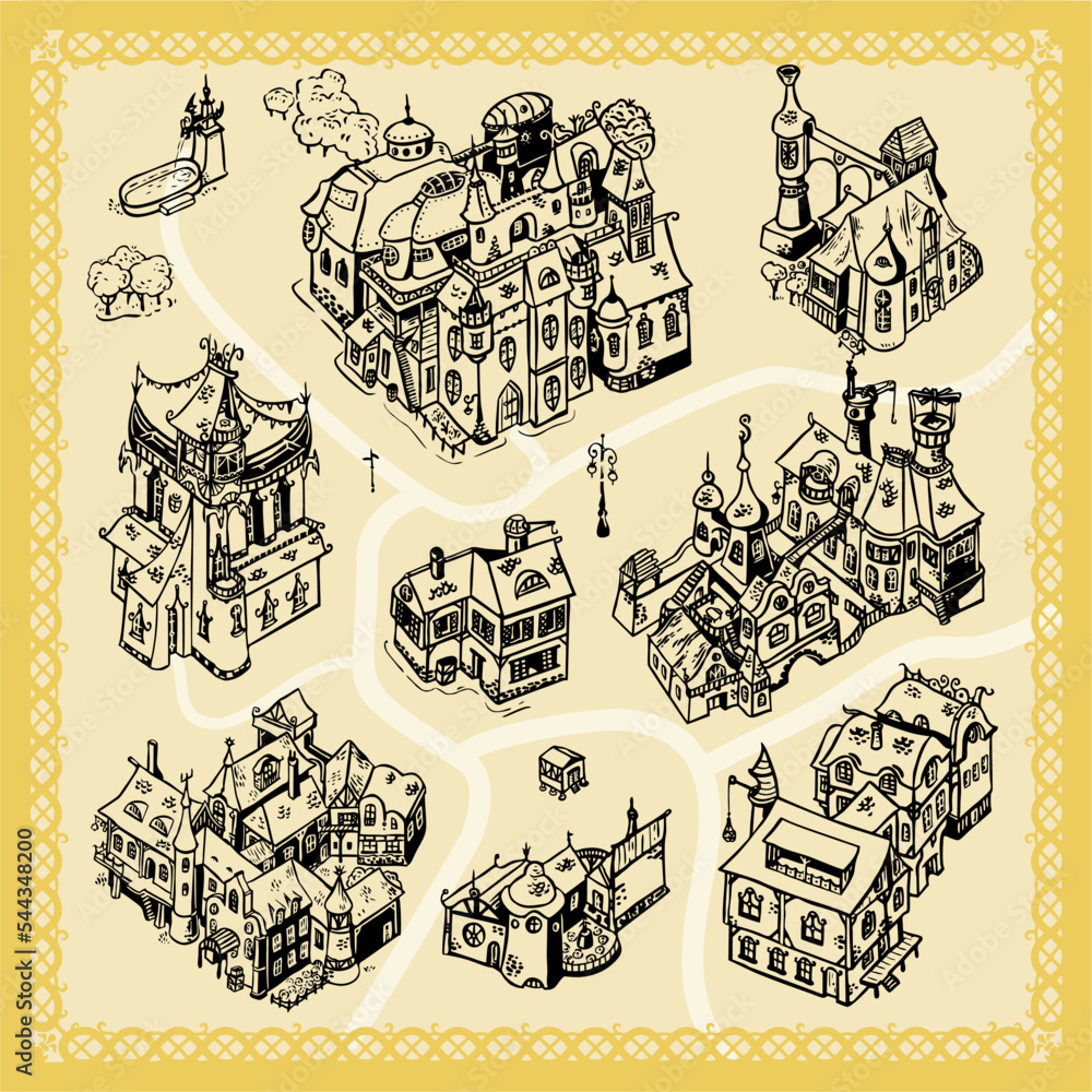 Simple ine art drawn buildings for fantasy city map illustrations Stock ...