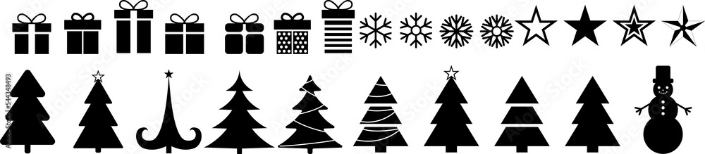 Christmas vector set of black color icons on transparent background ...