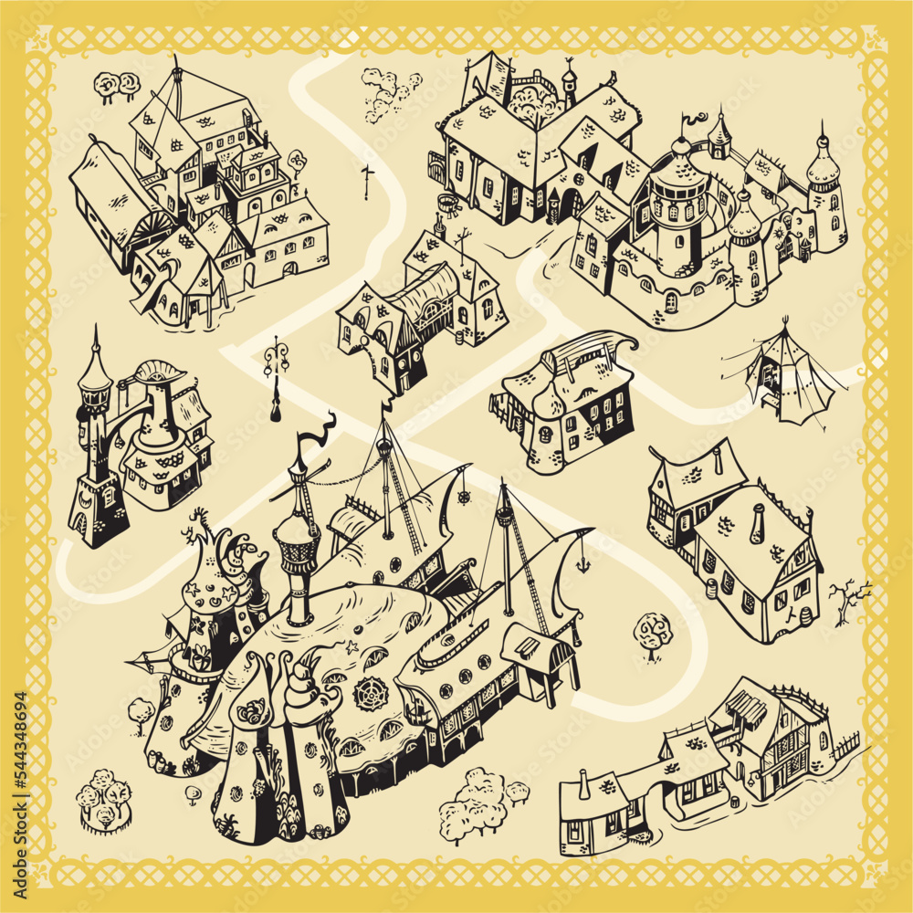 Simple line art drawn buildings for fantasy city map illustrations ...